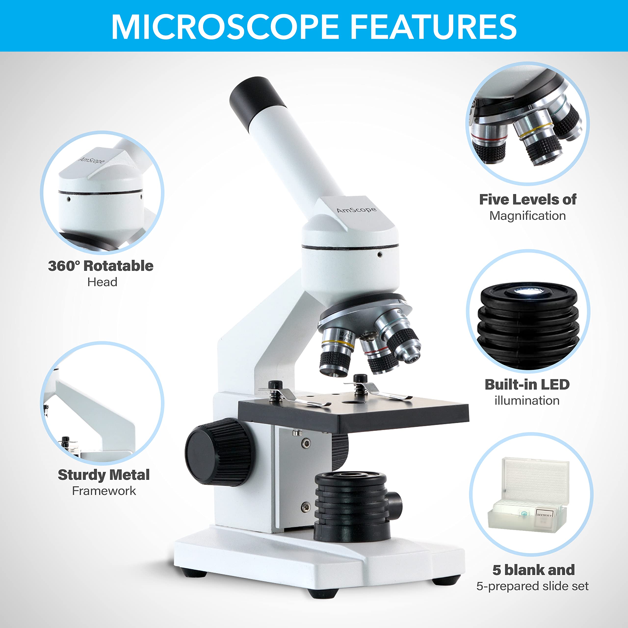 AmScope - M102C-PB10 40X-1000X Biological Compound Microscope with Prepared and Blank Slides for Student and Kids & OPTO-EDU E35.3501 Blank Microscope Slides & 100-Pieces Square Cover Glass, Glass