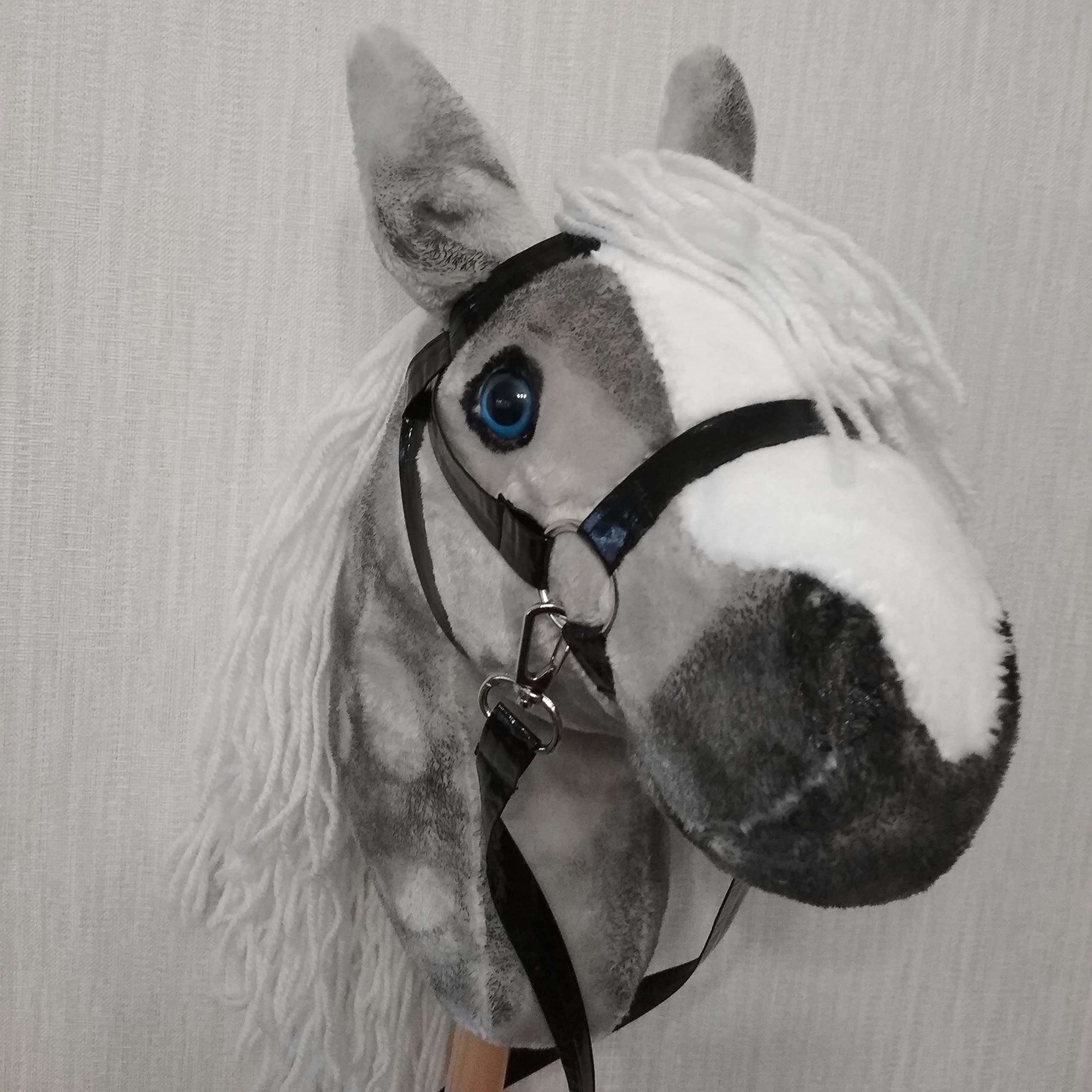 Gray stick hobby horse A4 Realistic plush handmade toy horse with bridle