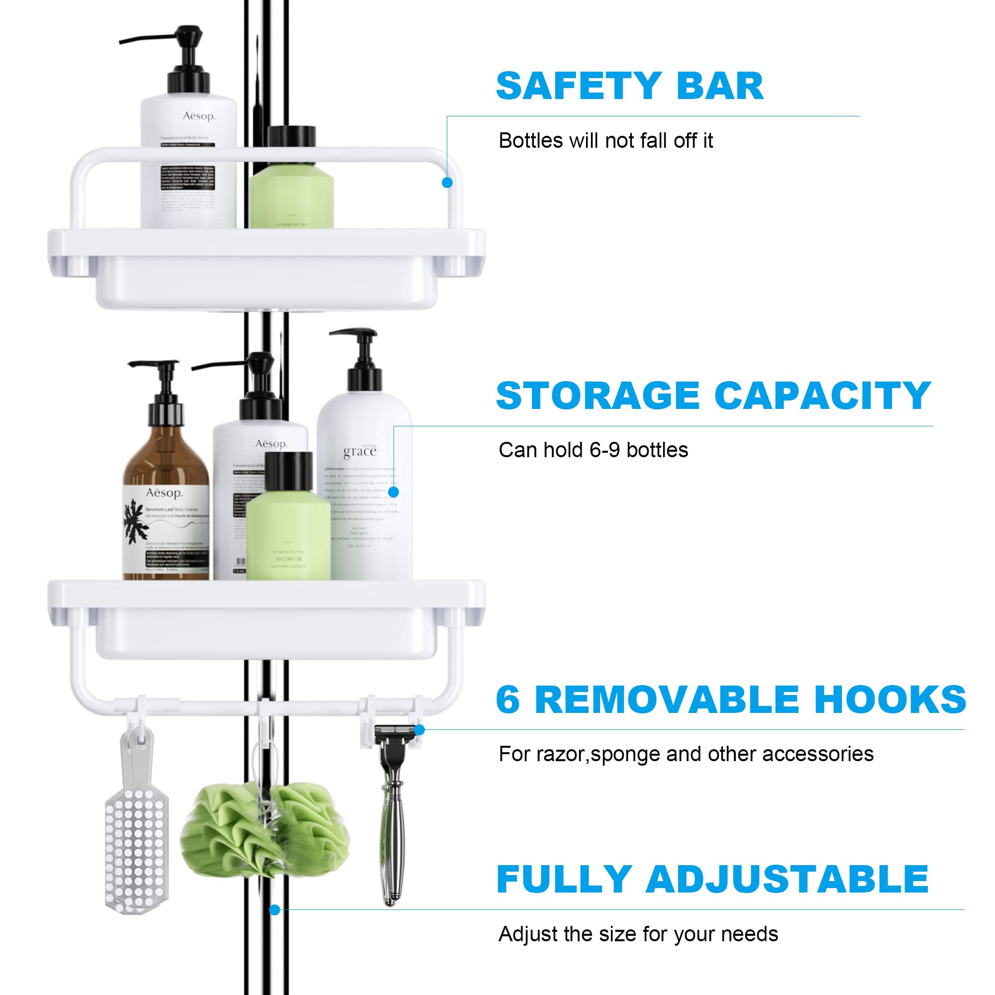 FRDECON Rustproof Shower Caddy Corner for Bathroom, 4-Tier Tension Pole Stainless Steel Shower Organizer, 56 to 115 Inch Adjustable Bathtub Shower Shelf Storage with 1 Tower Bar, White