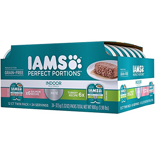 Iams Premium Cat Food Grain Free Perfect PORTIONS Indoor Multi Pack 6- (12-Servings) Salmon Recipe, 6- (12-Servings) Turkey Recipe