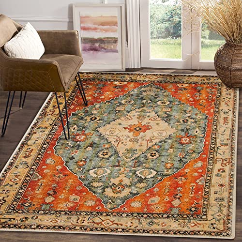 Boho Area Rug, 4' x 6' Machine Washable Rugs for Entryway Faux Wool Large Rugs Distressed Throw Rug Non-Slip Floor Carpet for Indoor Bedroom Kitchen Living Room