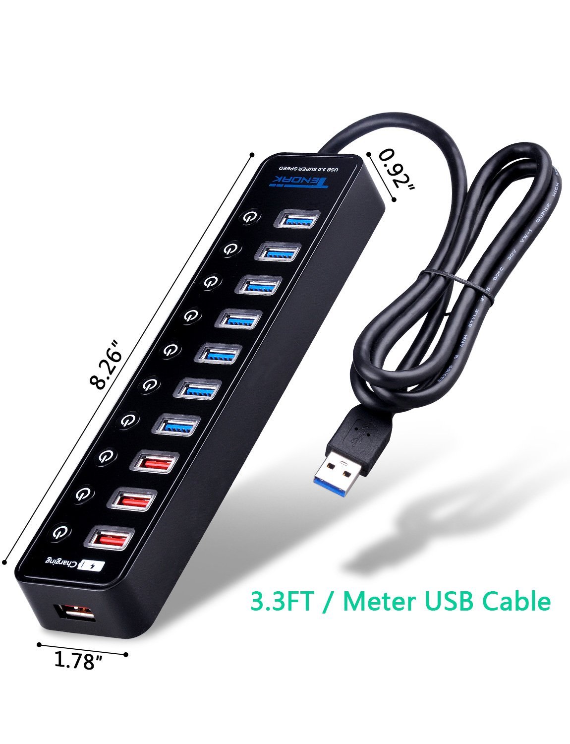 USB 3.0 Hub - Tendak 7 USB 3.0 Data Ports + 3 USB Smart Charging Ports with Individual On/Off Port Powered 10 Port USB Hub for PC Mac PS4 Xbox One XPS Surface Pro
