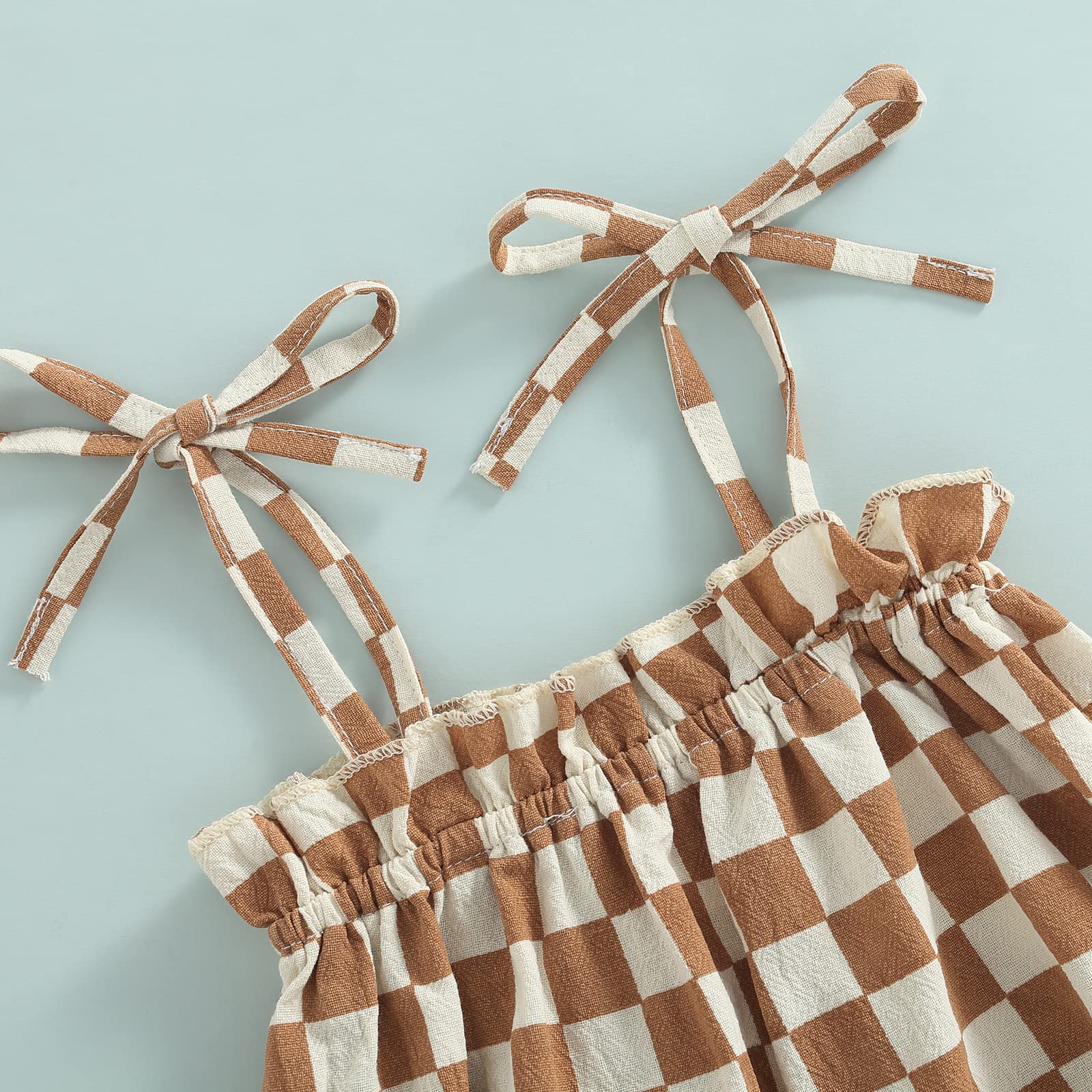 AEEMCEM Newborn Baby Girls Checkerboard Plaid Jumpsuit One Piece Sleeveless Strap Romper Jumpsuit Harem Pant Summer Outfits (Brown, 0-6 Months)