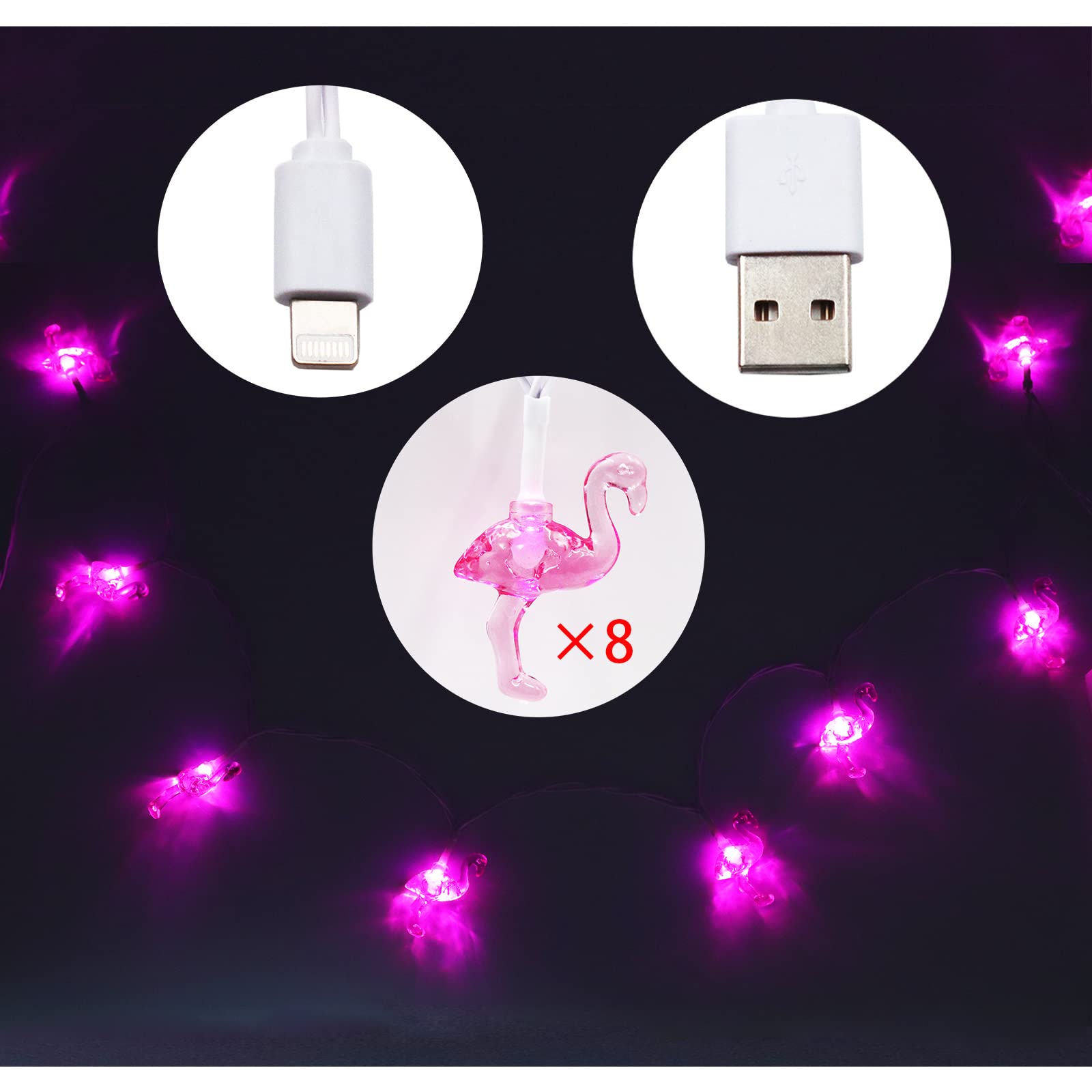 WIND Flamingos Holiday LED Christmas Light Phone Charging Cable, 8 LED Pink 50inch Charger Cord for Phone 14/Pro Max/Pro/Plus,Phone 13/Pro Max/Pro/Mini,12 Pro Max/11 Pro/8/7 Airpods etc