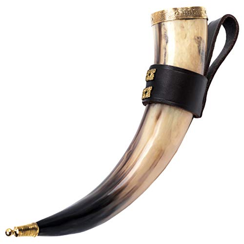 Mythrojan THE WEALTHY MERCHANT - Viking Drinking Horn with Black Leather holder Authentic Medieval Inspired Viking Wine/Mead Mug β Polished Finish