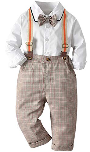 LOTUCY Toddler Dress Suit Baby Boys Clothes Sets Bowtie Shirts + Suspenders Plaid Pants 3pcs Gentleman Outfits Suits 1-6Years