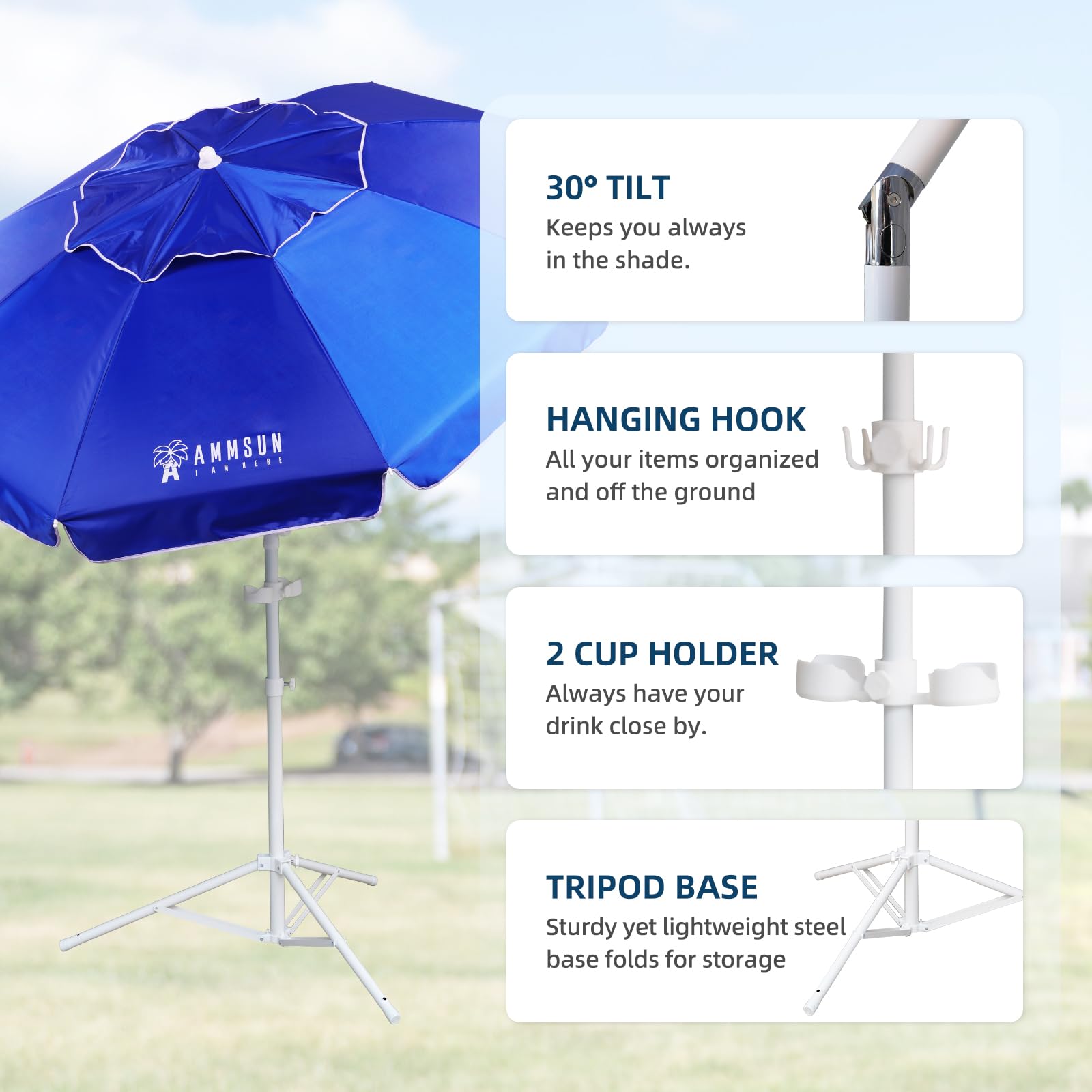 AMMSUN Portable Umbrella with Stand, 6.5ft Sun Shade Umbrella with Stand, Premium Lightweight Standing Umbrella for Sporting Games, Instant Sun Protection Patio Umbrella, Easy to Carry, Blue