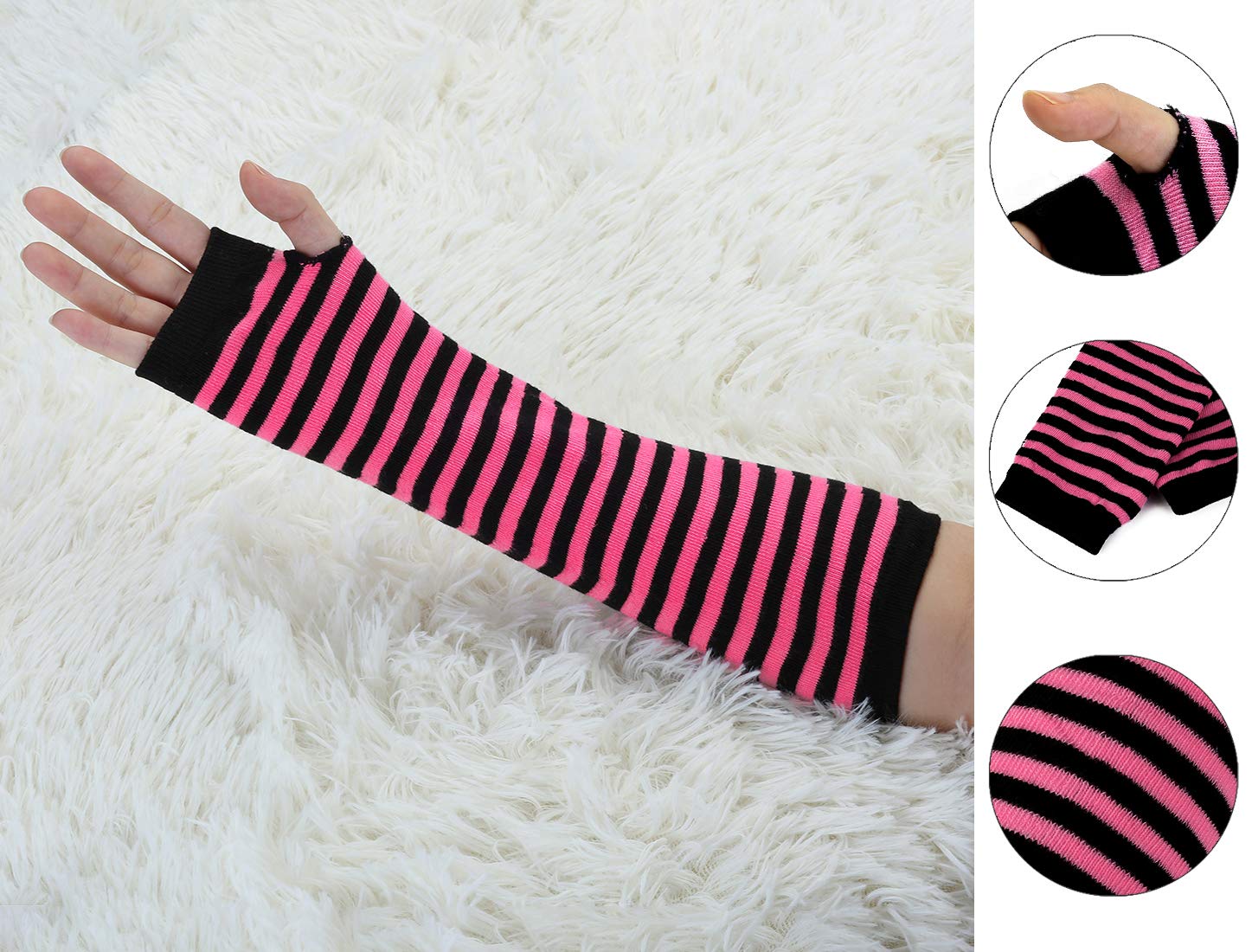 Allegra K Women's Fingerless Gloves Printed Elbow Length Knitted Arm Warmers One Size Black With Pink