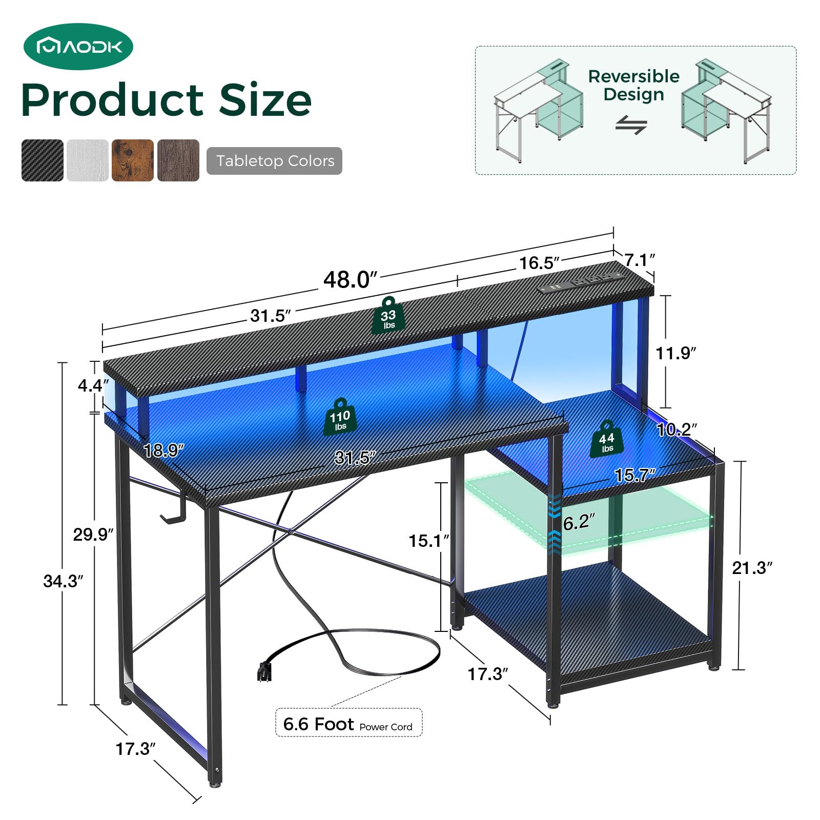 AODK Computer Desk, 48 Inch Gaming Desk with Led Lights & Power Outlet, Office Desk with Printer Storage Shelves, Reversible Desk with Monitor Shelf & Headphone Hook, Carbon Fiber Black