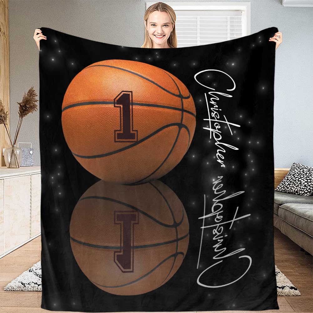 SATIGI Personalized Basketball Shadow Blanket with Name & Number, Basket Ball (40-''X30-'', 50-''X40-'', 60-''X50-'', 80-''X60-''), Plush Sherpa Fleece Travel Soft Warm for Couch Sofa Bed