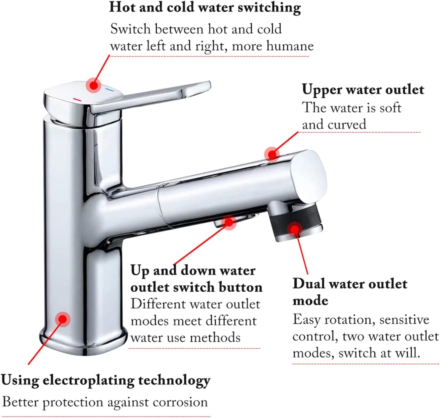 Bathroom Faucets with Pull Down Sprayer Single Handle Pull Out Bathroom Faucet Chrome Bathroom Sink Faucet Stainless Steel Bathroom Faucets Suitable for Hot and Cold Water