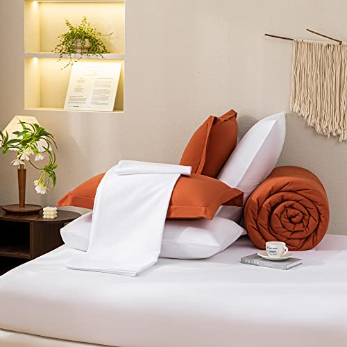 JANZAA Queen Comforter Set 7 Piece Bed in a Bag Queen Comforter Set with White Sheets Terracotta Bedding Sets Soft Pillow Cases and Shams, Fitted Sheet, Flat Sheet for All Season