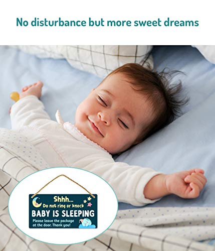 Funplus Baby Sleeping Sign for Front Door - Do Not Knock or Ring - 10″x5″ PVC Plastic Hanging Sign,Please do not knock or ring the bell, it upsets the dog, which upsets the baby, which upsets mom