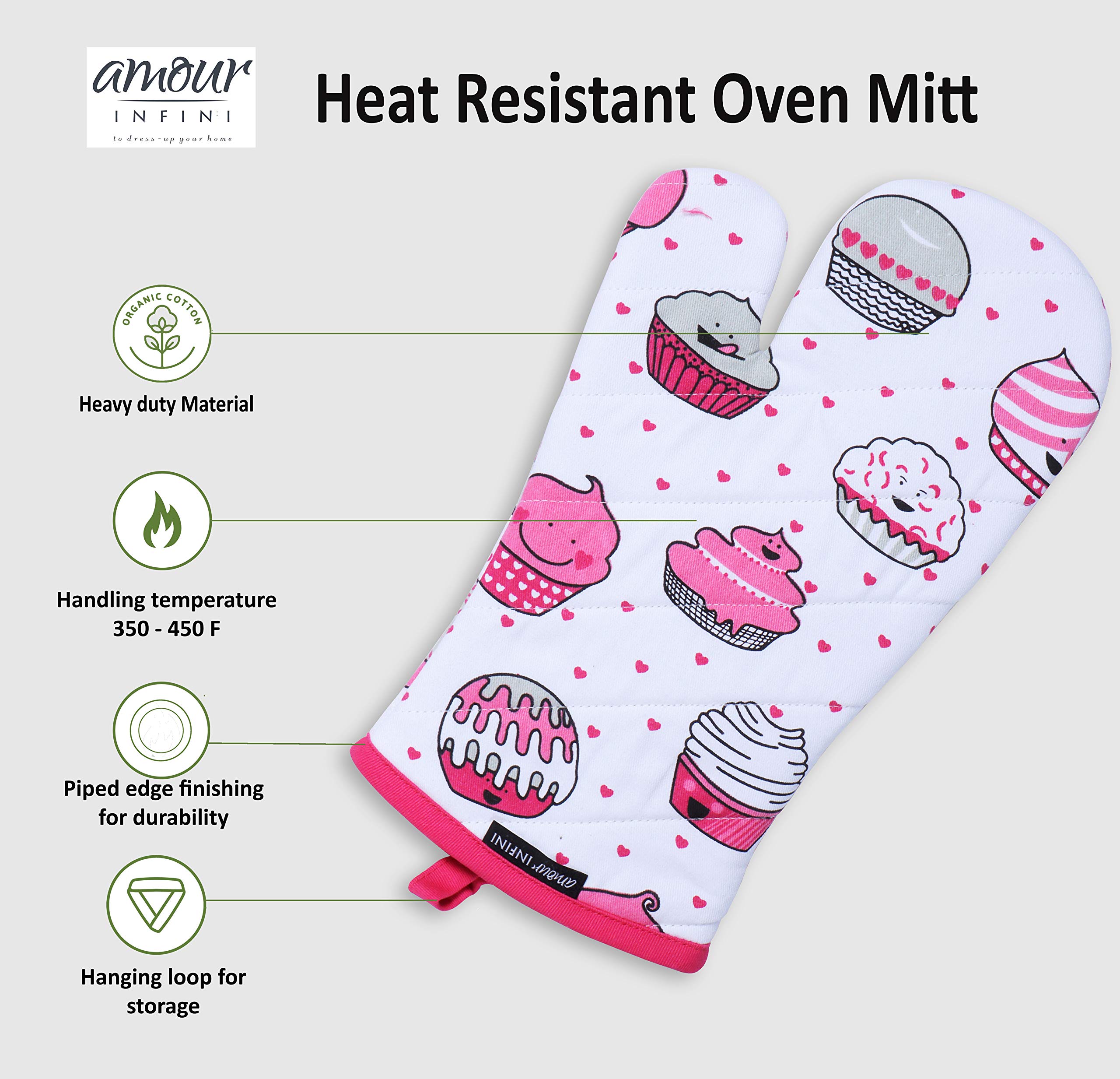 AMOUR INFINI Oven Mitts Set of 1 - Non-Slip Oven Mitts for BBQ, Cooking, Grilling, Baking - Heat Resistant Oven Gloves Quilted Liner with Hanging Loop (Valentine Cup Cake - 7x13 Inches)