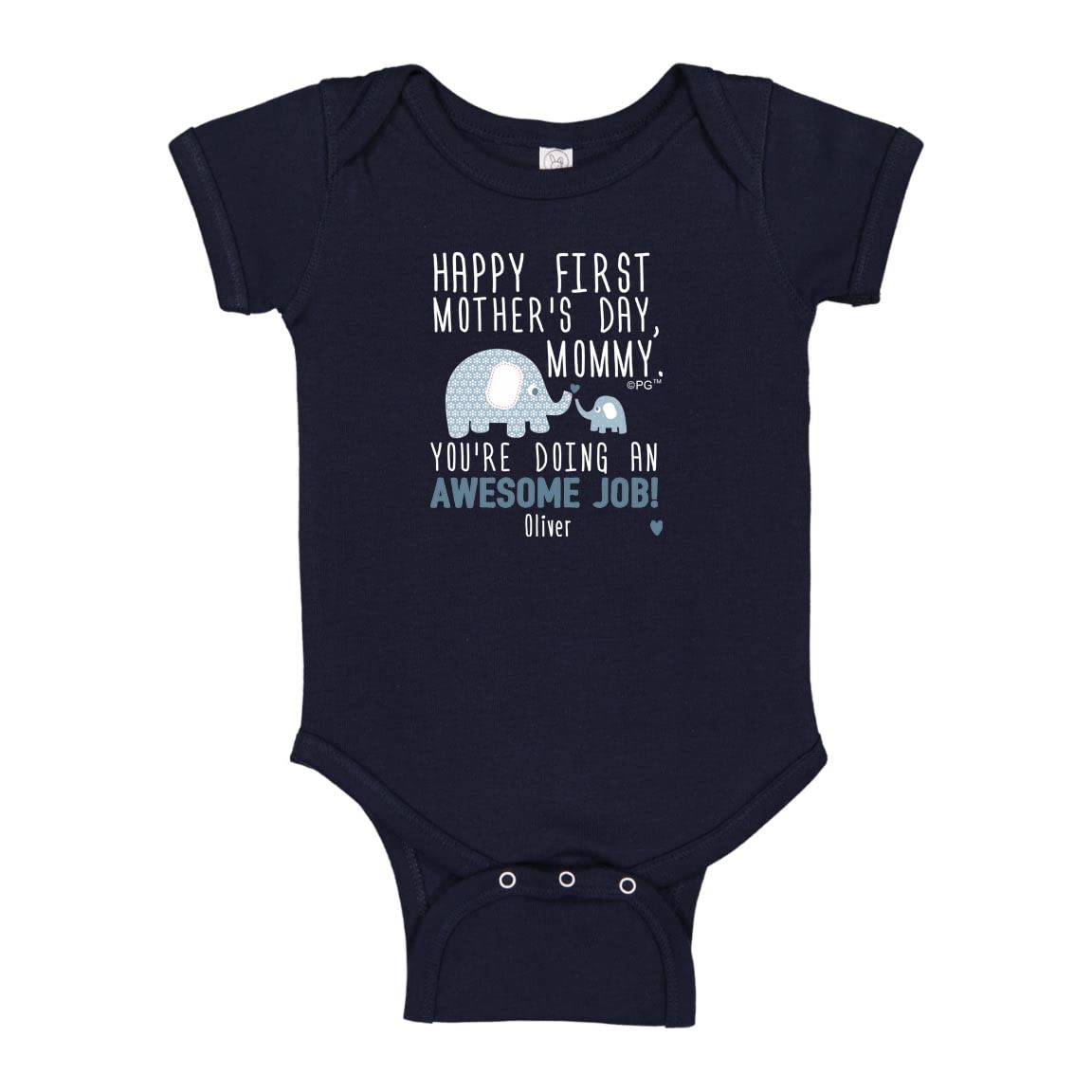 Mothers Day Bodysuit Custom Name Gifts Happy First Mothers Day Blue Elephant Bodysuit 12 Months Navy