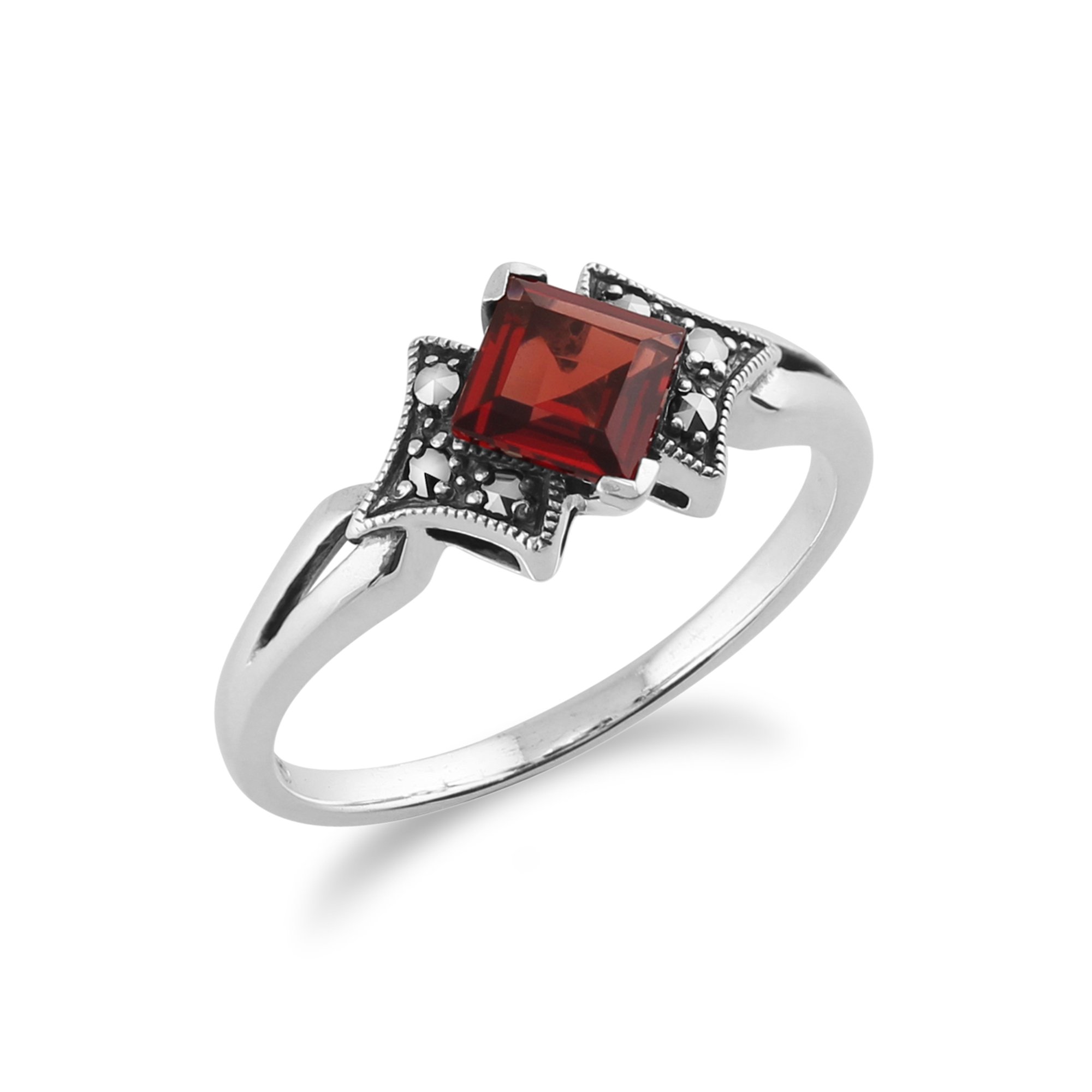 925 Sterling Silver Art Deco Garnet & Marcasite Ring