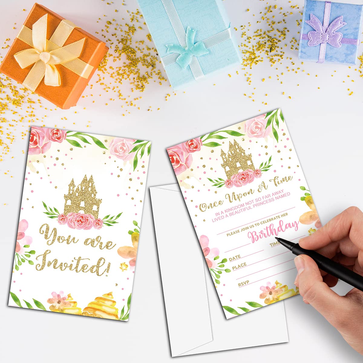 NYCTUG Floral Castle Theme Birthday Invitation(4" X 6"), Fairy Tale Little Princess Party Double-Sided Invites- 20 Invitations With Envelopes-Personalized Party Supplies-A25