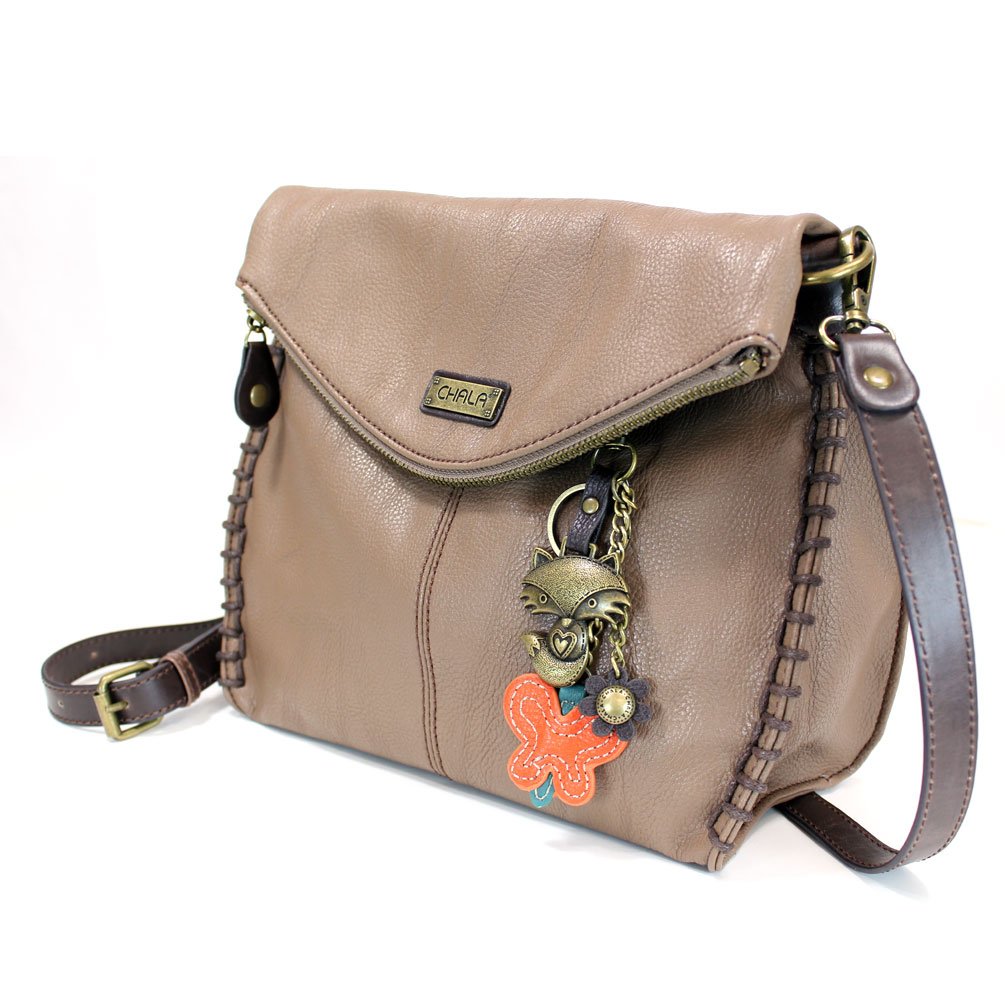 Chala Charming Crossbody Bag with Zipper Flap Top and Metal Chain - Light Brown - Chala Fox