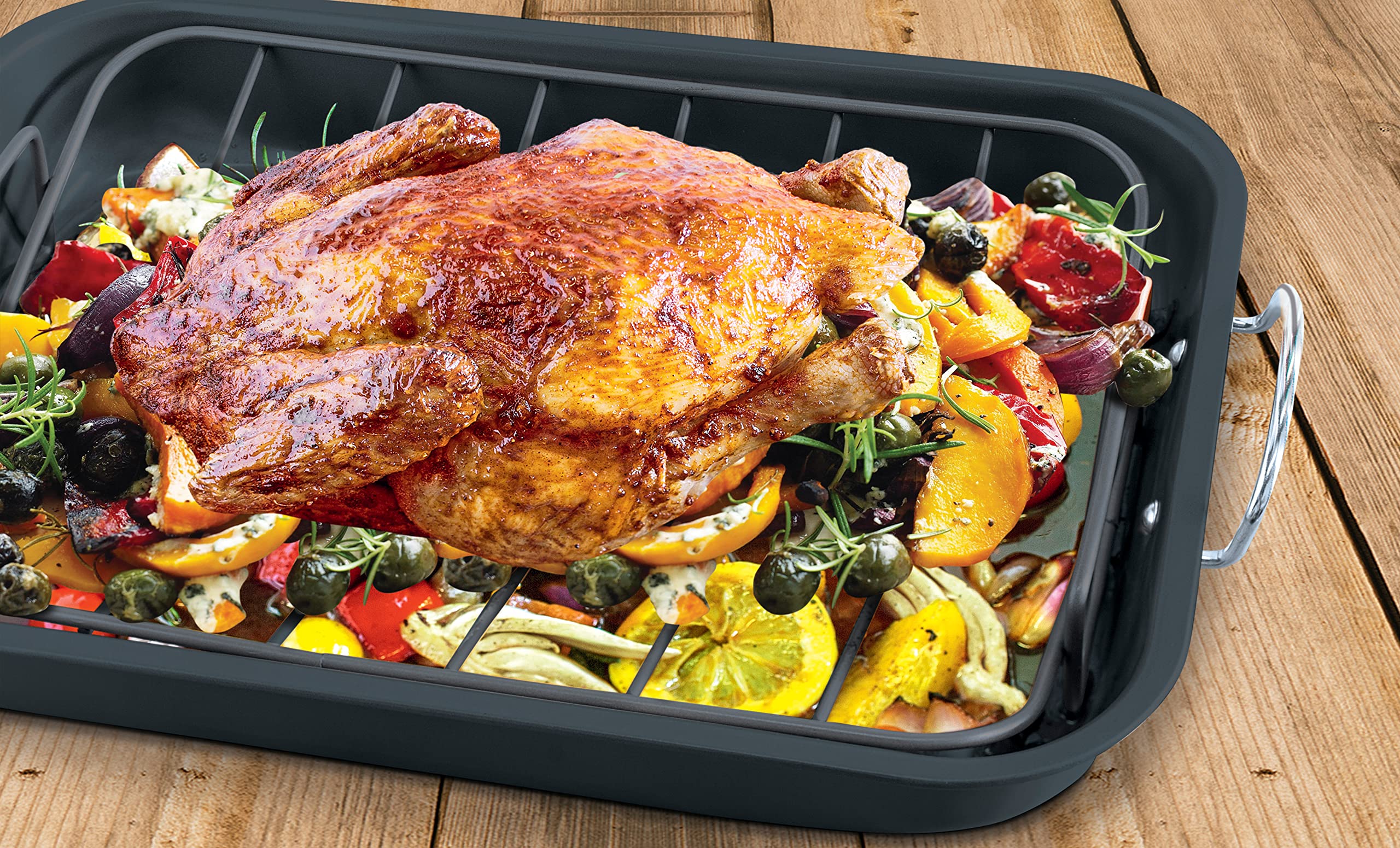 Eternal Living 6 Piece Rectangular Turkey Roaster Pan with Rack Carving Knife Fork Baster and Brush, Roasting Pan 15 Inch Black