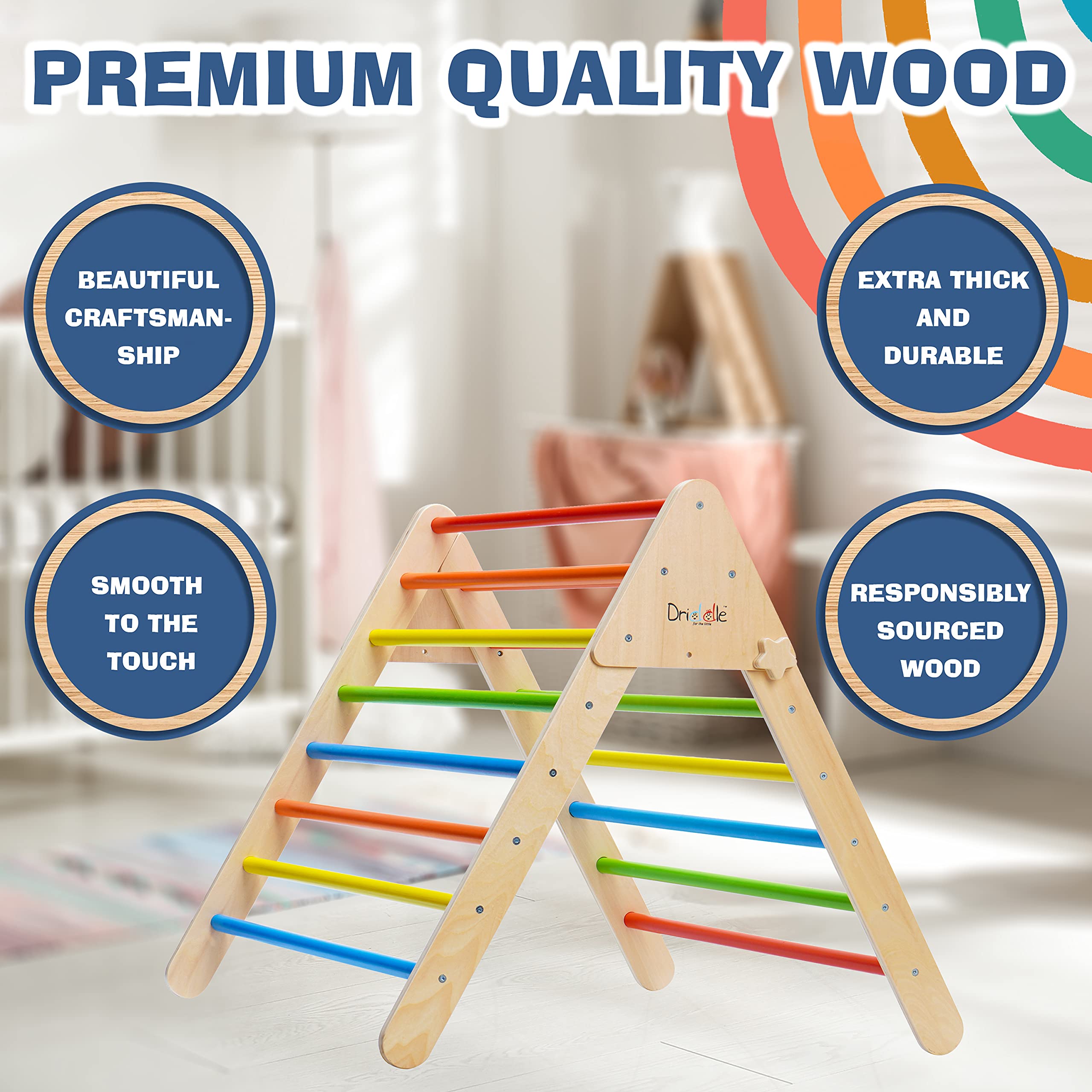 Climbing Triangle with Tent - Wooden Climbing Toys for Toddlers & Baby - X-Large Foldable Colorful Climber Indoor Gym for Kids - 100% Safe - CPSIA Lab Certified - Driddle
