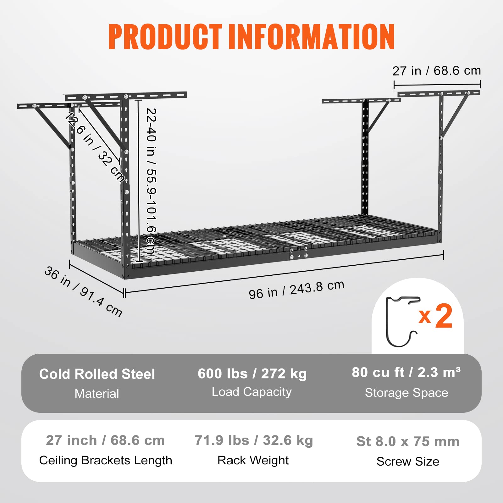 BestEquip 4x8 Overhead Garage Storage Rack, Adjustable Garage Storage Organization Systerm, Heavy Duty Metal Garage Ceiling Storage Racks, 600lbs Load Capacity, 22''-40"