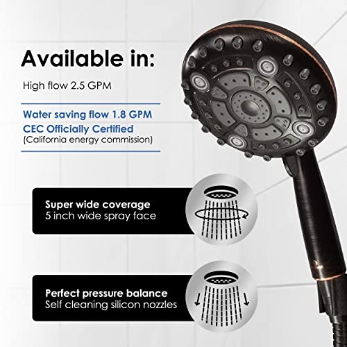 Aquarius Mist Handheld Oil Rubbed Bronze Shower Heads with Handheld Spray and Hose (Extra Long) Spa Grade High Pressure Showerhead wand With 6 Spray Settings β Adjustable Mount Holder & Teflon Tape