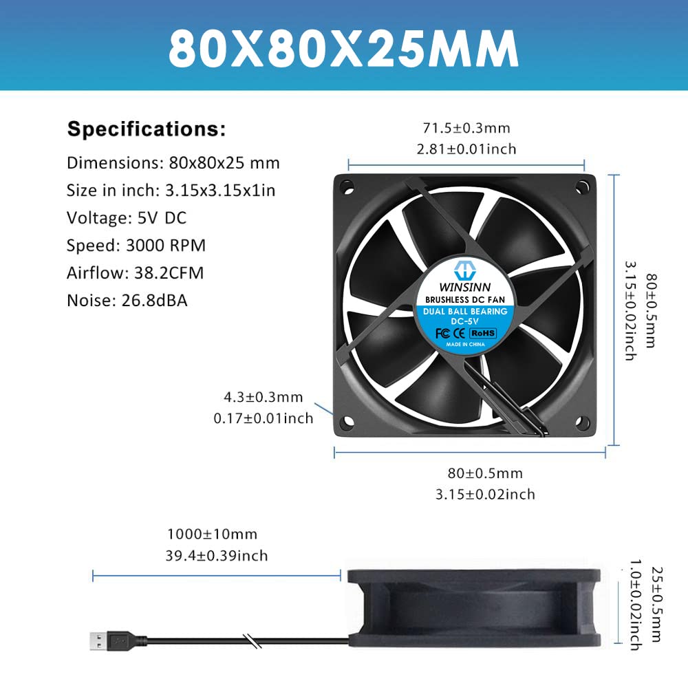 WINSINN DC 80mm USB Fan 5V 8025 Dual Ball Bearing Brushless Cooling 80mmx25mm 2PIN (Pack of 2Pcs)