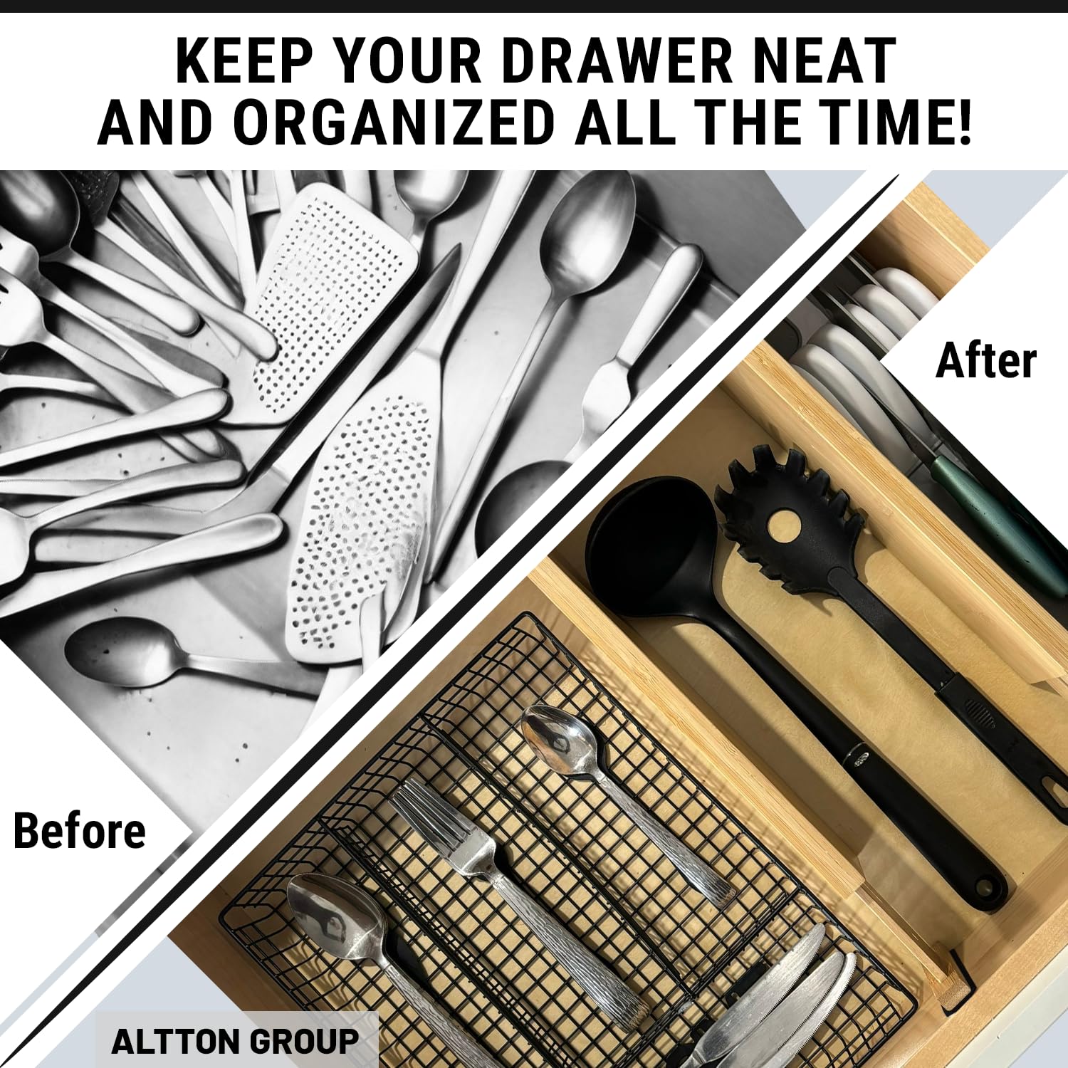 Altton Group 4"" High Drawer Dividers Bamboo Organization Expandable Organizers for Kitchen Bedroom Bathroom Dresser Office 4-pack, natural