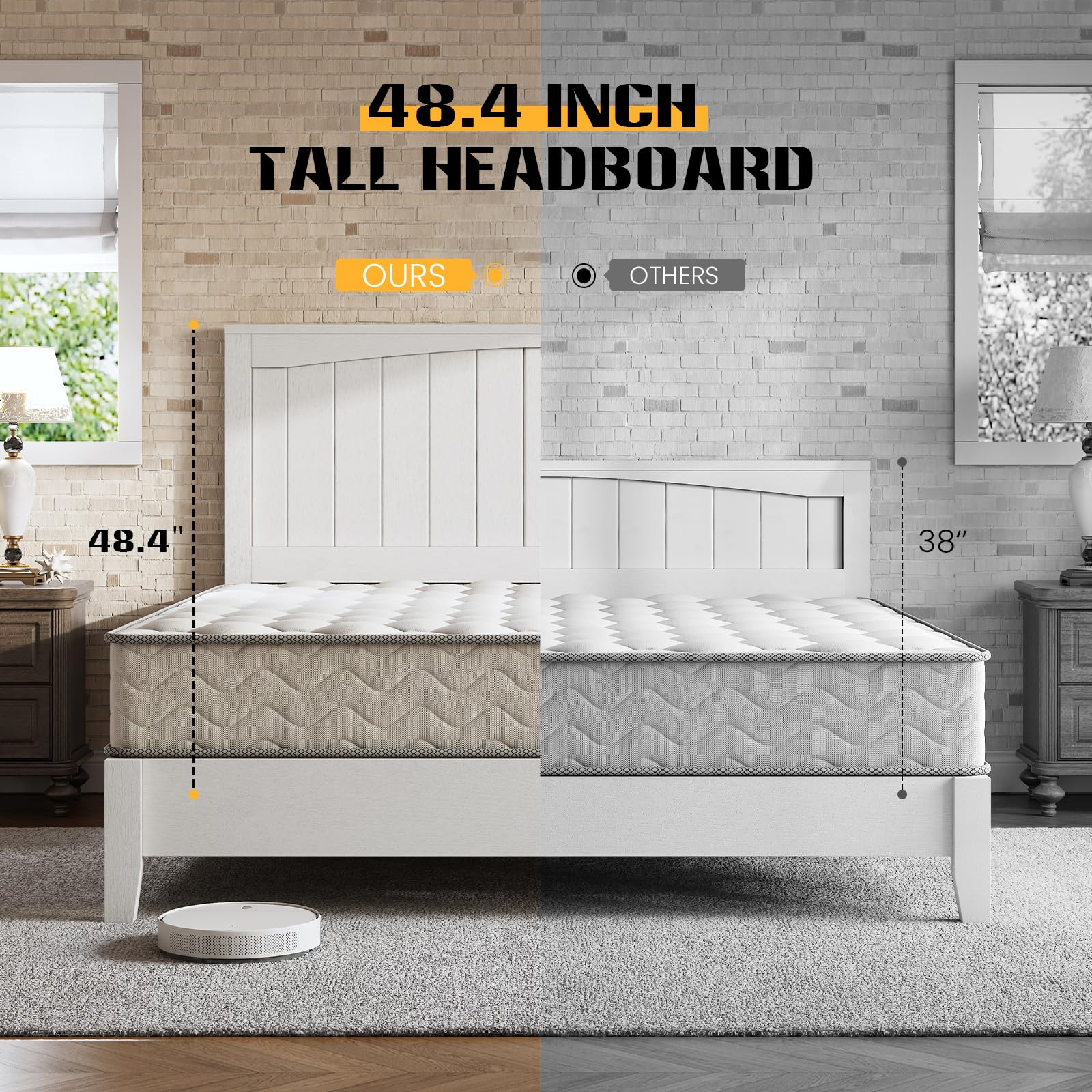 Albott Queen Size Wood Bed Frame with Headboard, Platform Bed Frame with Wood Slat Support No Box Spring Needed/Easy Assembly, Rustic Pine, White