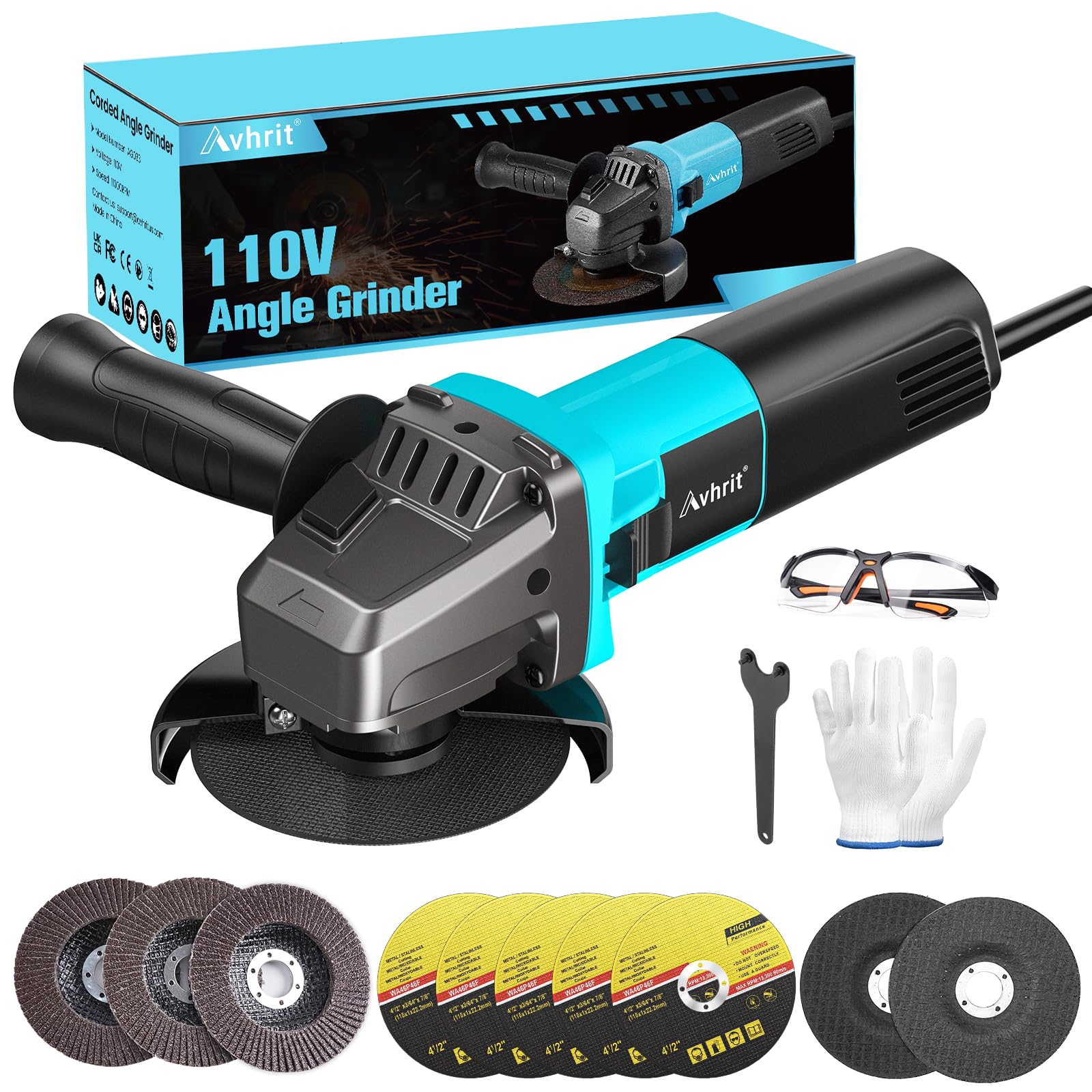 Avhrit Angle Grinder,10 Amp 4-1/2 inch Corded Angle Grinder Tools,11000 RPM Metal Grinder with 5 Cutting/3 Grinding/2 Flap Discs,Small Angle Grinder Tool for Cutting, Grinding, Polishing