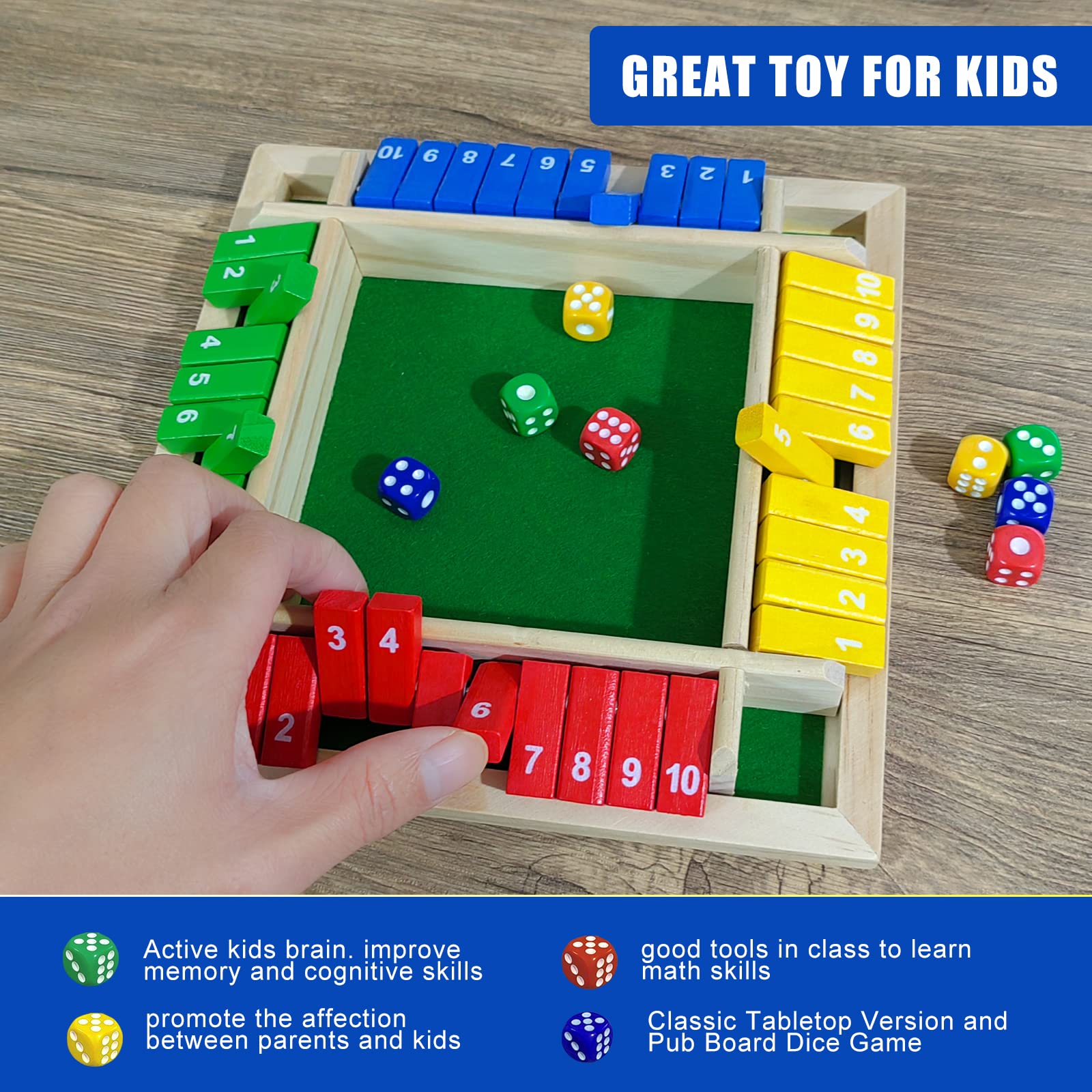 Eupboron Shut The Box Game, Wooden Board Dice Games for Adults and Kids 2-4 Player Family Classics Tabletop Version Games for Classroom, Party, or Pub