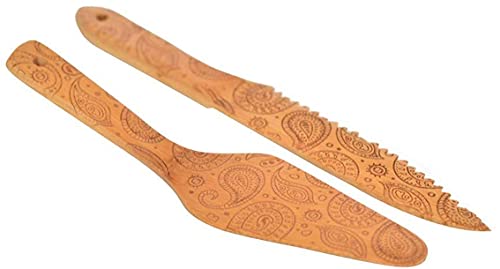 Natural Bamboo Wood Cake Knife and Serving Set, Patterned Serrated Knife and Spatula, Cake Cutting Set, Stylish and Elegant
