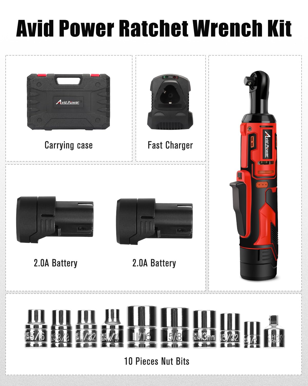 AVID POWER Cordless Electric Ratchet Wrench 3/8", 44.2 Ft-lbs 12V Power Ratchet Wrench Kit w/Two 2.0Ah Batteries, 1-Hour Fast Charger, Variable Speed and 10 Sockets