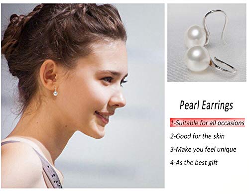 925 Sterling Silver Hoop Handpicked AAA+ Quality 7.5-8mm White Freshwater Cultured Pearl Dangle Drop Earrings Jewelry for Women