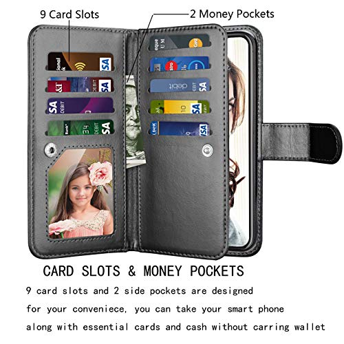 NJJEX Wallet Case for iPhone Xs Max, for iPhone Xs MAX Case, PU Leather [9 Card Slots] ID Credit Folio Flip [Detachable][Kickstand] Magnetic Phone Cover & Lanyard for iPhone Xs Max 6.5" 2018 [Black]