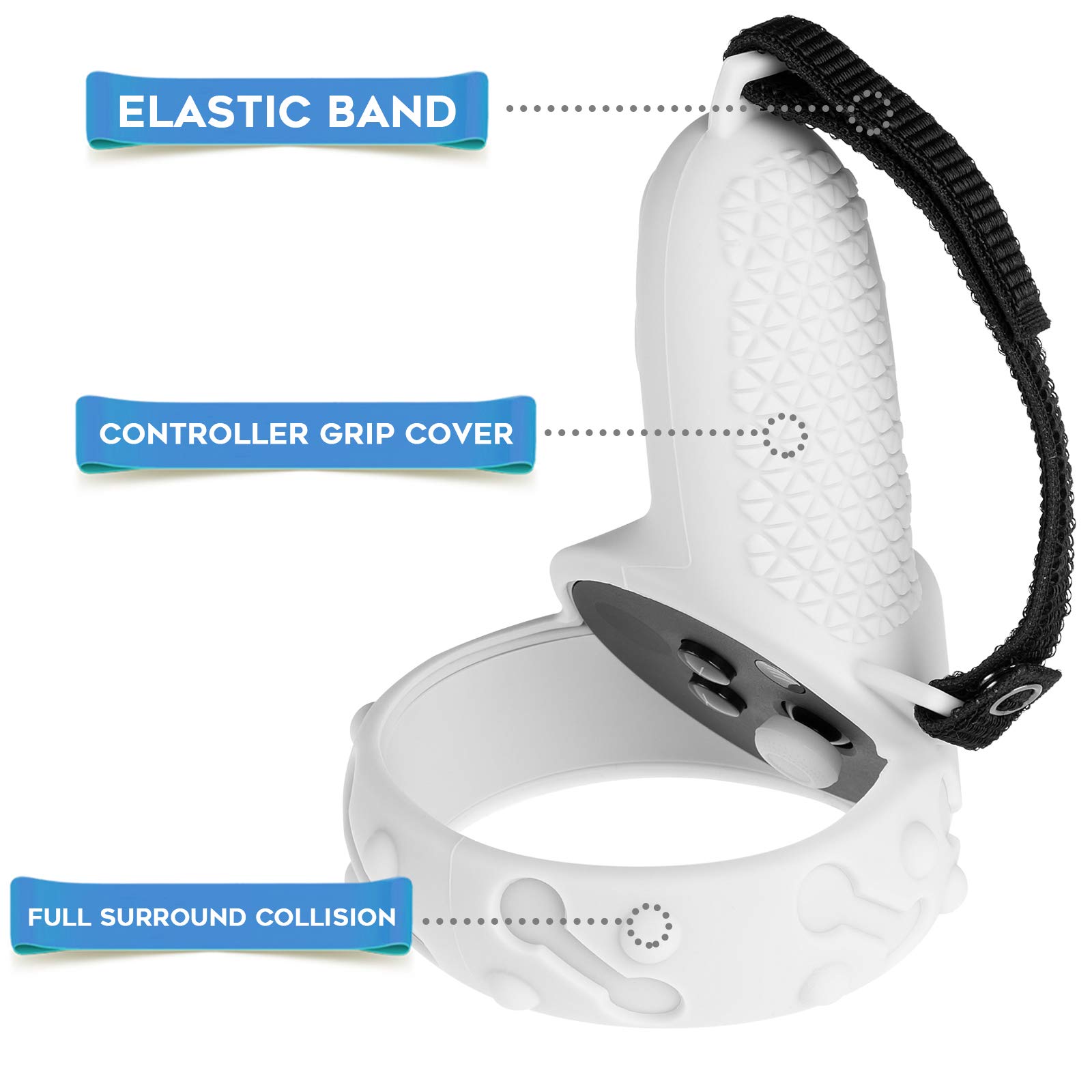 Seltureone Accessories Compatible for Quest 2 Controller Full Grip Cover with 2 Controller Caps, Anti-Slip Anti-Fall Protective Silicone Sleeve with Hand Strap for Quest 2 Headset, White