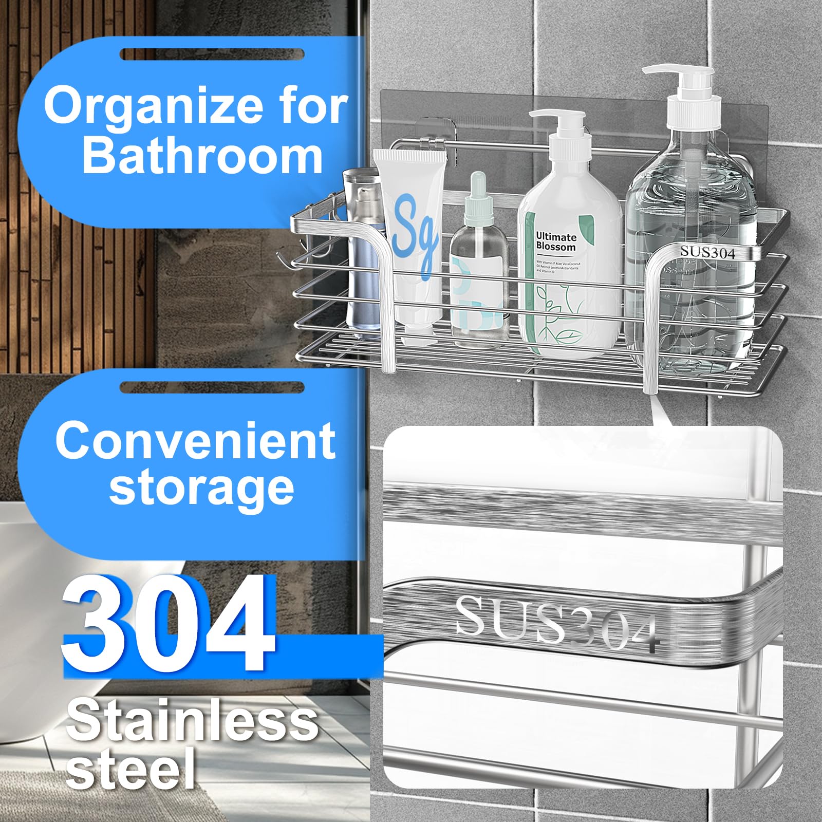 HEGUANRONG Shower Caddy,Shower Organizer for Bathroom With 2 Hooks,SUS304 Stainless Steel,Shower Shelves for Inside Shower,Rustproof Bathroom Shelf,No Drilling.