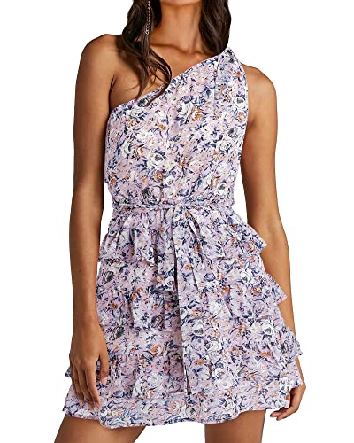 BTFBM 2023 Women One Shoulder Casual Summer Dresses Floral Boho High Waist Beach Ruffle Tiered A Line Flowy Mini Dress(Floral Purple, Large)