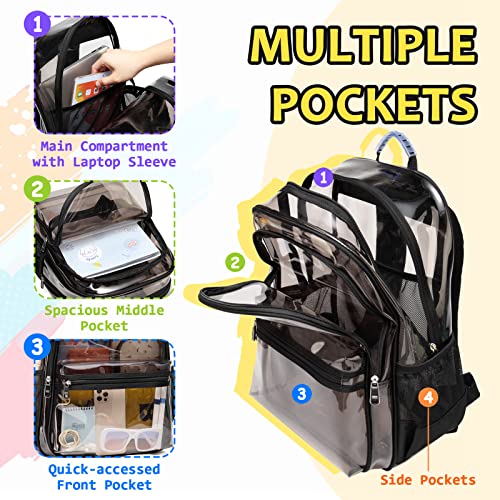 ASKSKY Clear Backpack Stadium Approved, Thriple Compartments Book Bag Heavy Duty Black PVC See Through Backpack for School for College Travel Work Festival, Black and Grey