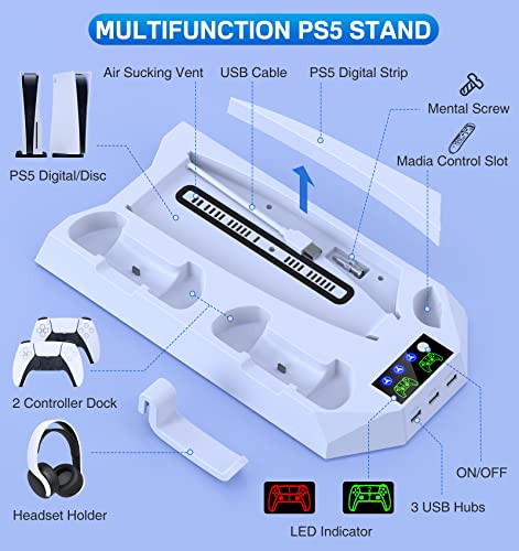 PS5 Stand with Cooling Station PS5 Controller Charging Station for Playstation 5 PS5 Console Disc/Digital Edition, PS5 Accessories-Cooler Fan/Remote Charger/Media&Headset Holder/3-USB Hub/Screw White
