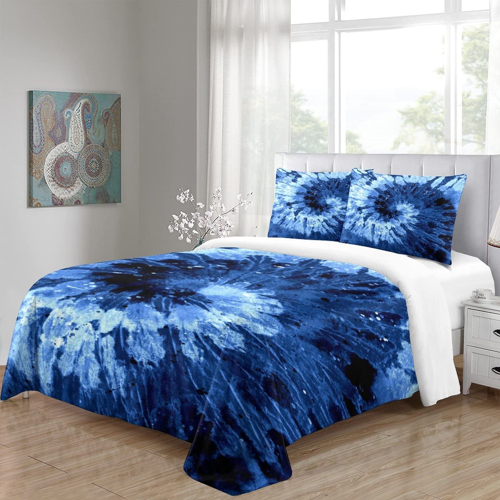 Blue Tie Dye Bedding Set Blue Tie Dye Bedding Cover Spiral Tie Dyed Printed Bed Comforter Cover Set,Boho Bohemian Hippie Bedding Sets Full Size Abstract Printed Quilt Cover Full(203x228cm)