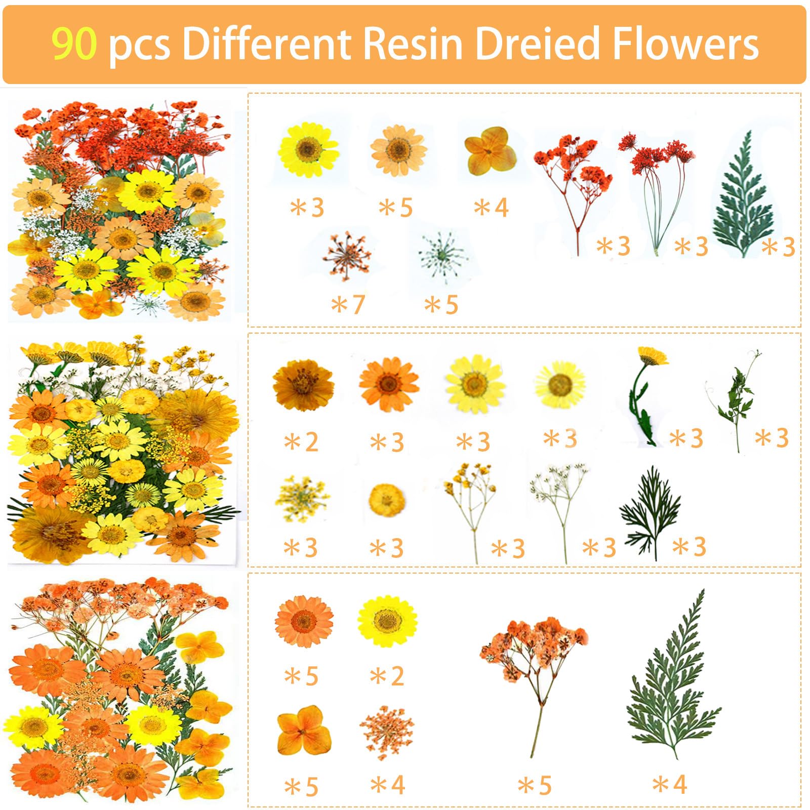 90Pcs Dried Pressed Flowers β 3 Pack Natural Dried Flower Herbs Kit for Scrapbooking, Resin Jewelry, Card Making, Soap and Candle Making