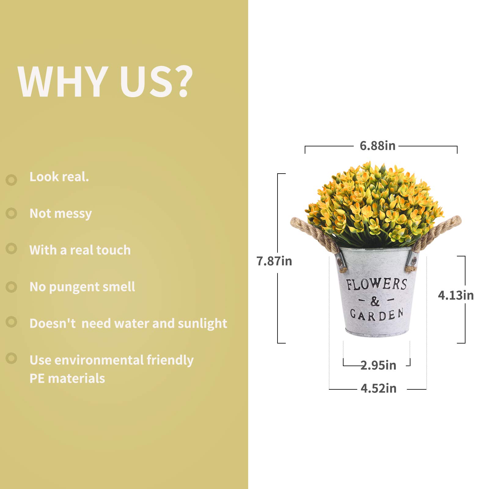 OUIVIAL Artificial Potted Plants - Medium Potted Plants Fake Plastic Flower Eucalyptus Leaves Plants with White Metal Basin for Home, Kitchen, Indoor Outdoor Decor. (Yellow Artificial Potted Plants)