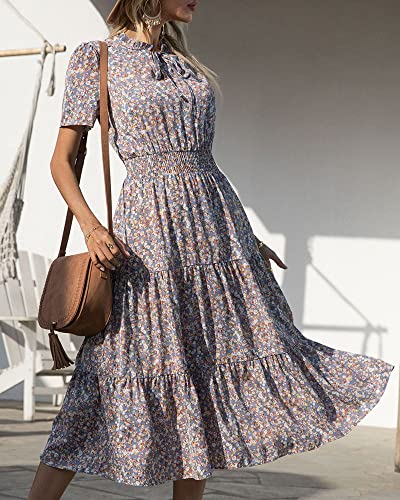 BTFBM Women's 2023 Summer Casual Boho Dress Floral Print Tie V Neck Short Sleeve Elastic Waist A-Line Midi Beach Dresses(Floral Blue, Large)