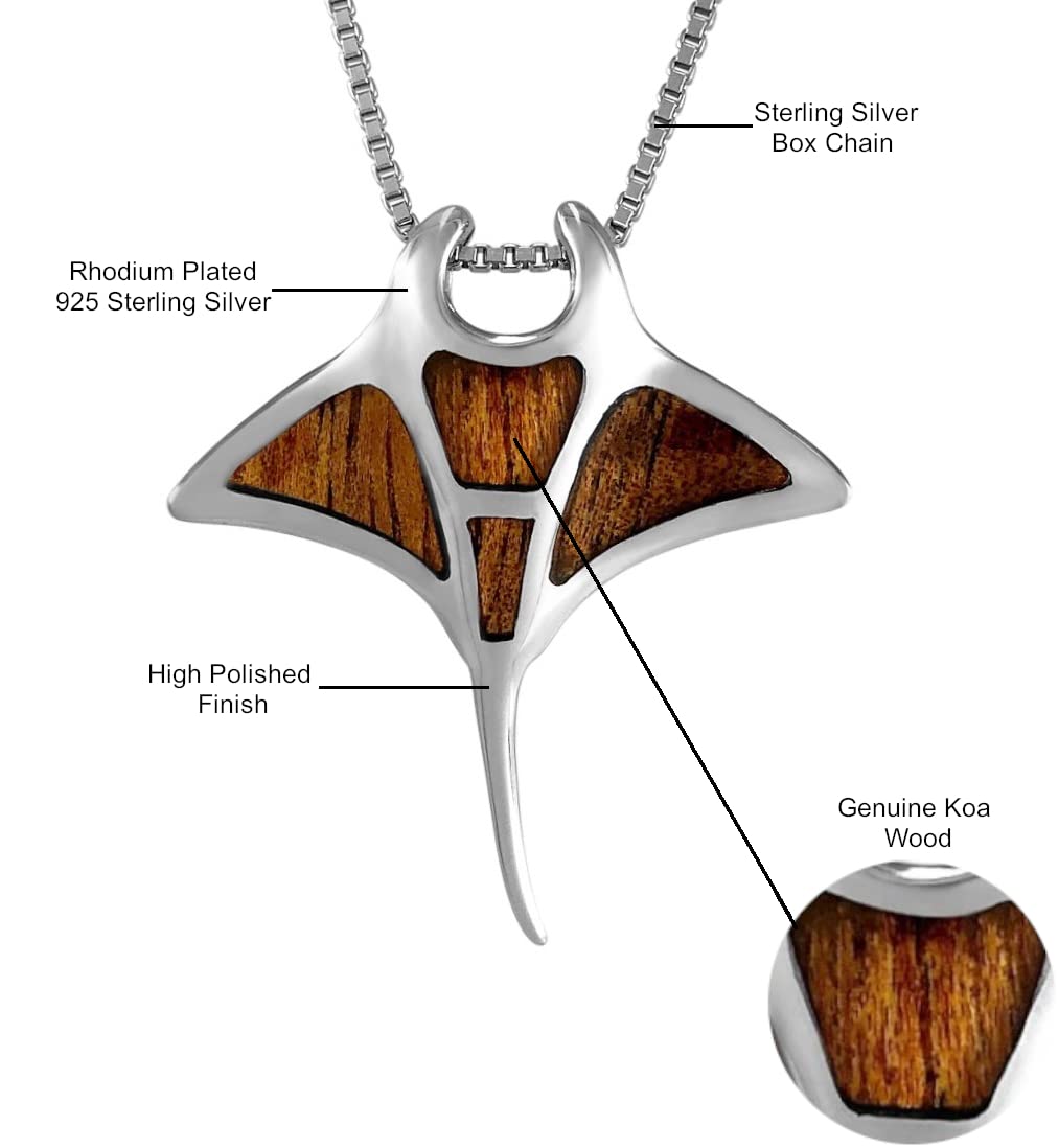 925 Sterling Silver Hawaiian Manta Ray Opal Koa Wood Larimar Gemstone Necklace Pendant with 18" Box Chain, Nickle Free Hypoallergenic for Sensitive Skin, Gift Box Included (Koa Wood)