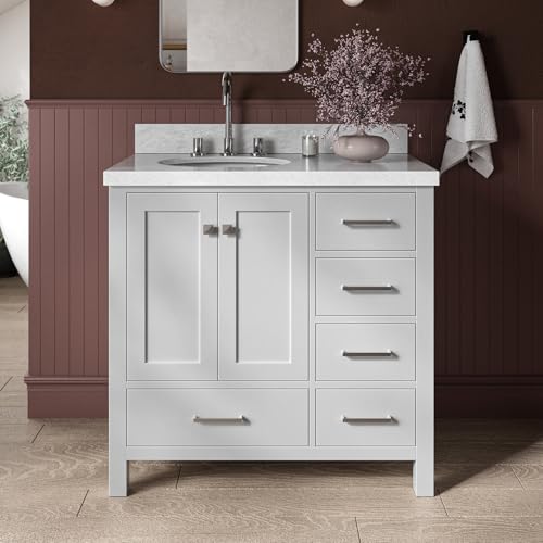 ARIEL 37" Grey Bathroom Vanity with 1.5" Edge Italian Carrara Marble Countertop & Backsplash, Left Oval Sink, 2 Soft Closing Doors, 5 Full Extension Dovetail Drawers, Brushed Nickel