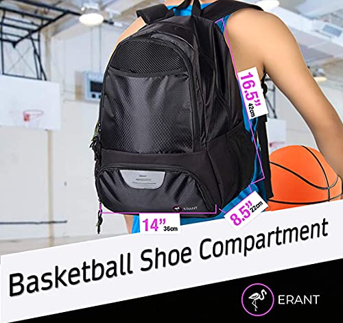 ERANT Basketball Backpack - Extra Large Sports Bag with Separate Ball and Shoe Compartment - Durable Design - Suitable for Boys and Girls - Black