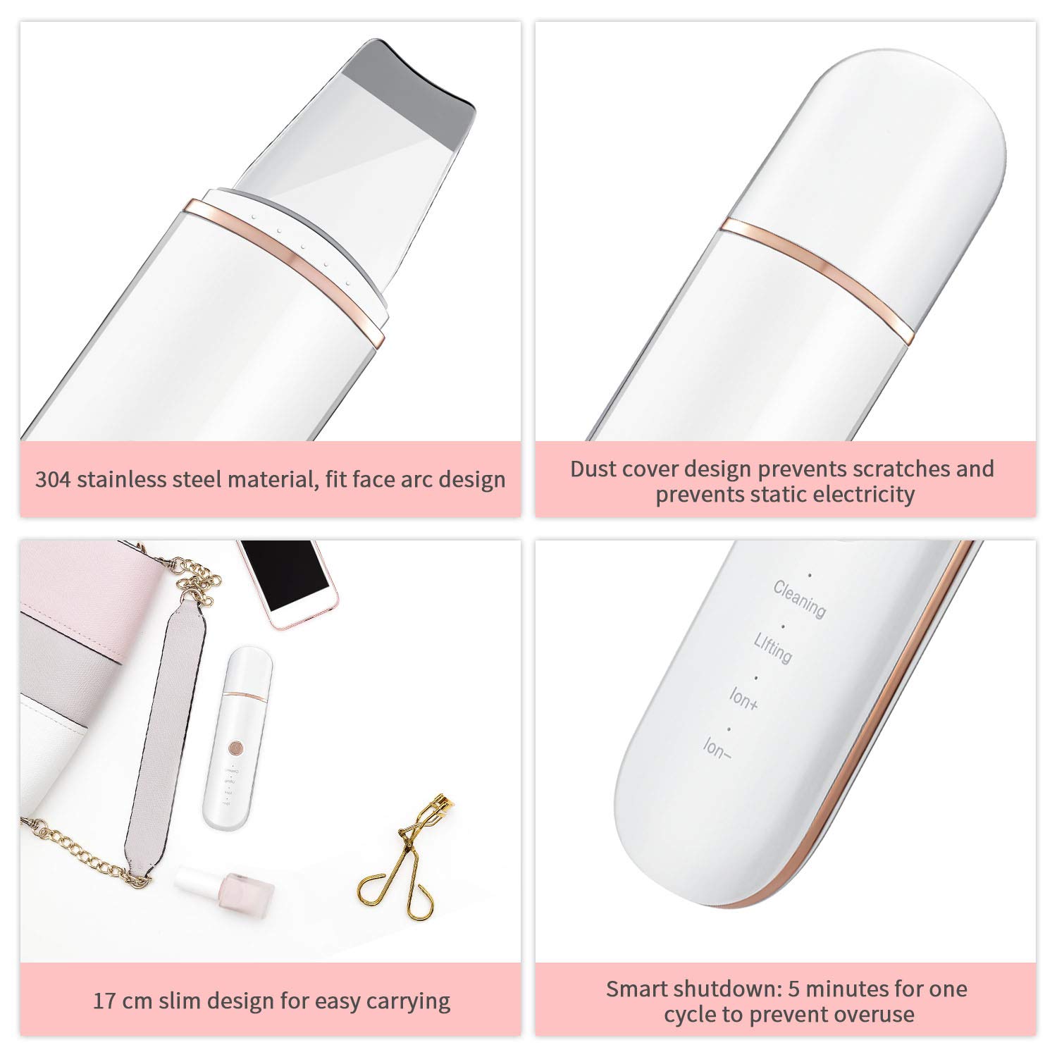 Skin Scrubber, Skin Spatula, Pores Cleanser Exfoliator Blackhead Remover Comedones Extractor for Facial Deep Cleansing with 4 Modes Include 4 Pcs Acne Reml Tool