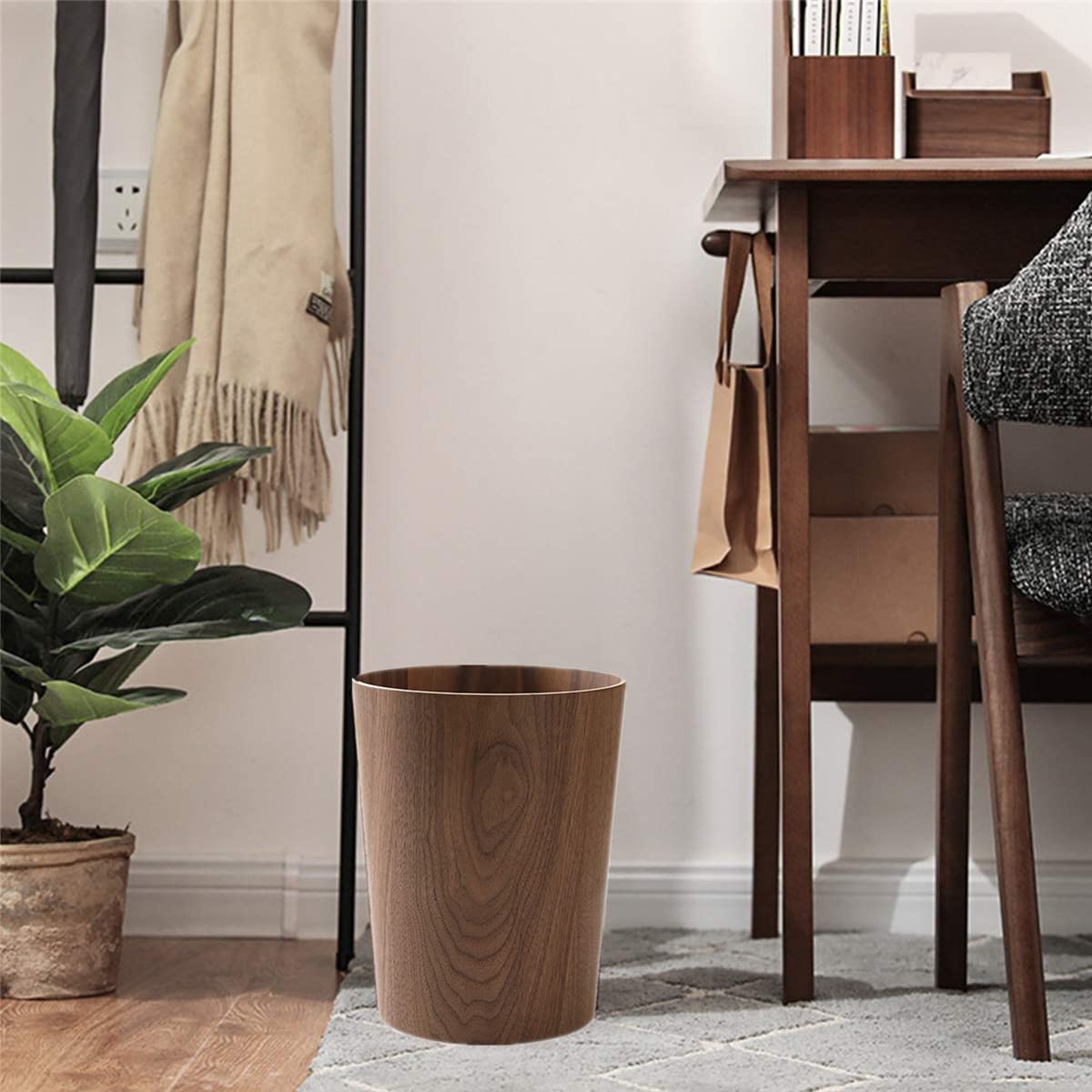 BISOZER Wood Trash Can, Round Stackable Wastebasket, Natural Wood Garbage Recycling Bin for Bathrooms, Powder Rooms, Kitchens, Home Offices (A-Dark Wood)