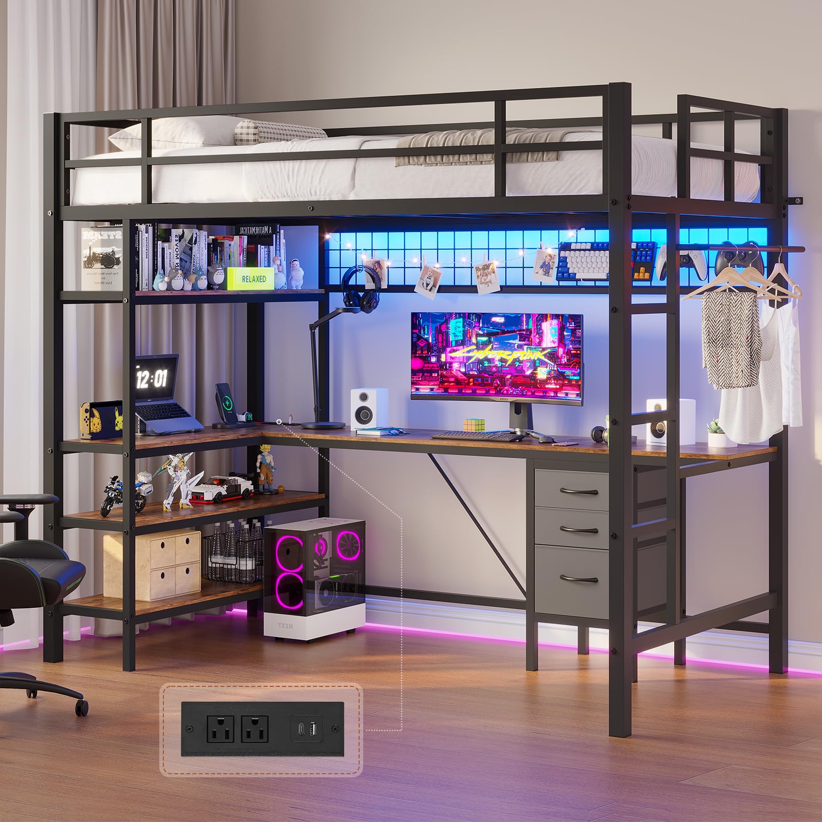 AOGLLATI Loft Bed Twin Size with L-Shaped Desk, Charging Station, LED Lights, Twin Metal Loft Bed Frame with 4 Storage Shelves,3 Fabric Drawers and Clothing Rail,No Box Spring Needed, Black